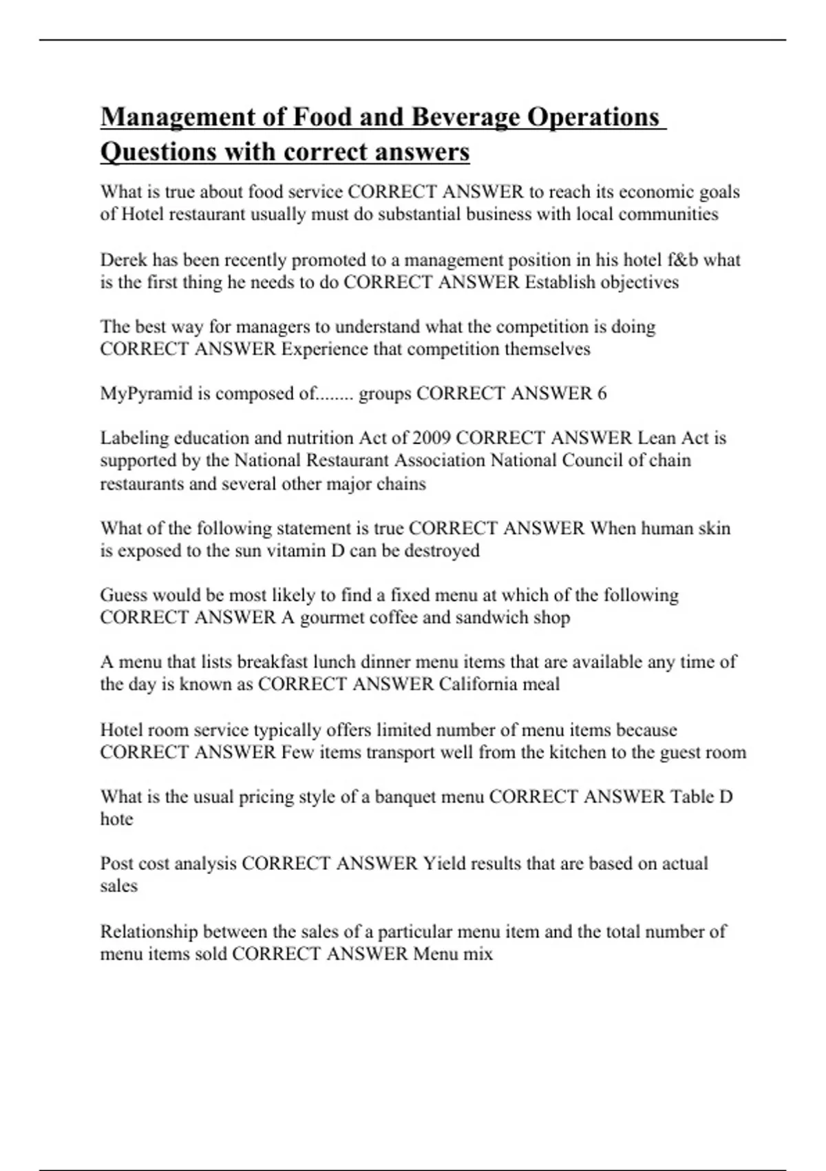 Management of Food and Beverage Operations Questions with correct ...