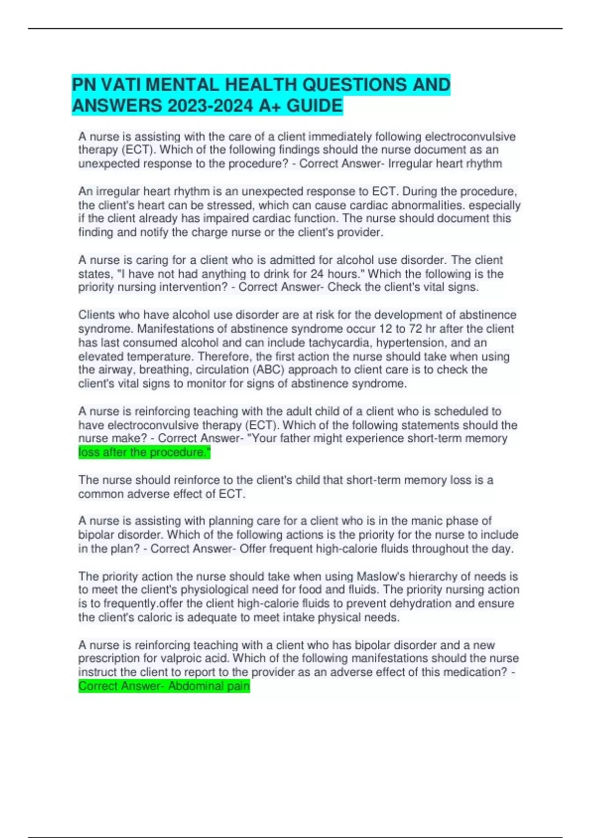 PN VATI MENTAL HEALTH QUESTIONS AND ANSWERS A+ GUIDE - Ati mental ...