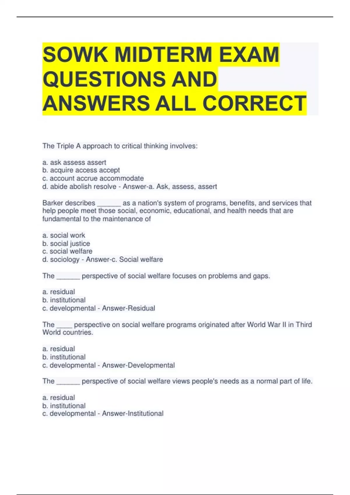 SOWK MIDTERM EXAM QUESTIONS AND ANSWERS ALL CORRECT - SOWK - Stuvia US