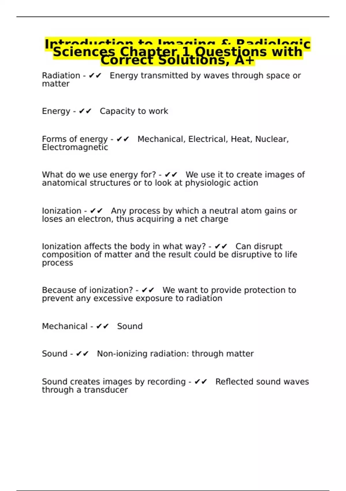 Introduction to Imaging & Radiologic Sciences Chapter 1 Questions with ...