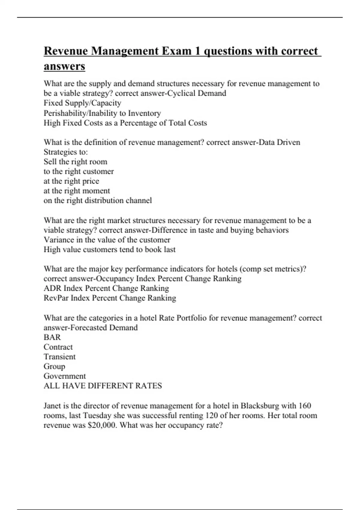 Revenue Management Exam 1 questions with correct answers - Revenue ...