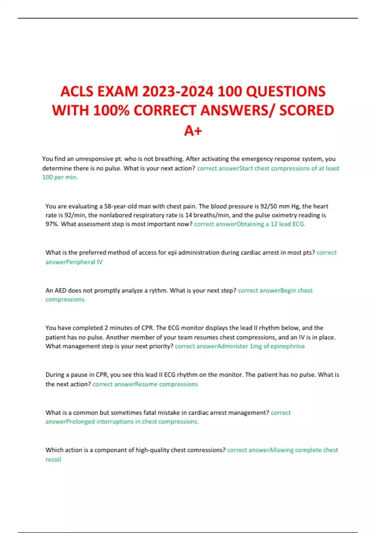 ACLS EXAM QUESTIONS WITH 100% CORRECT ANSWERS/ SCORED A+ - ACLS ...