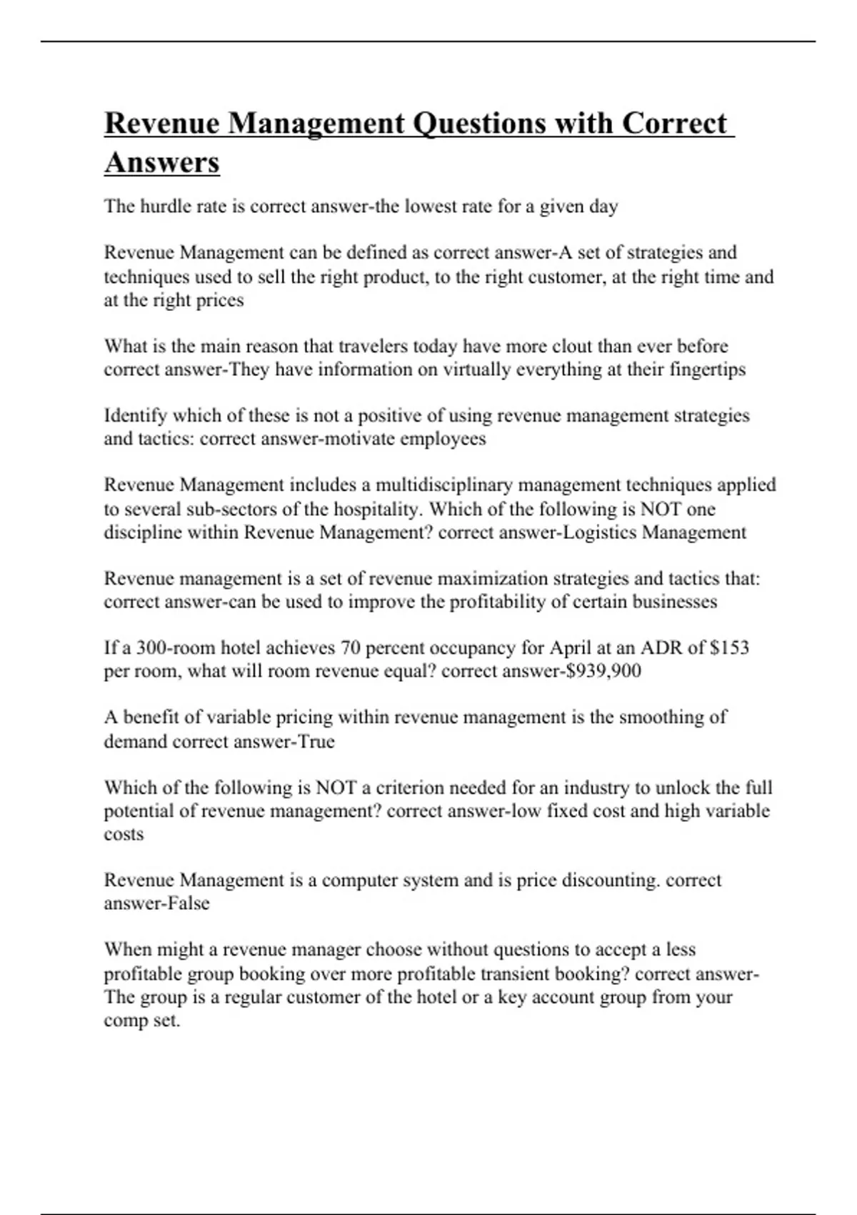 Revenue Management Questions with Correct Answers - Revenue Management ...