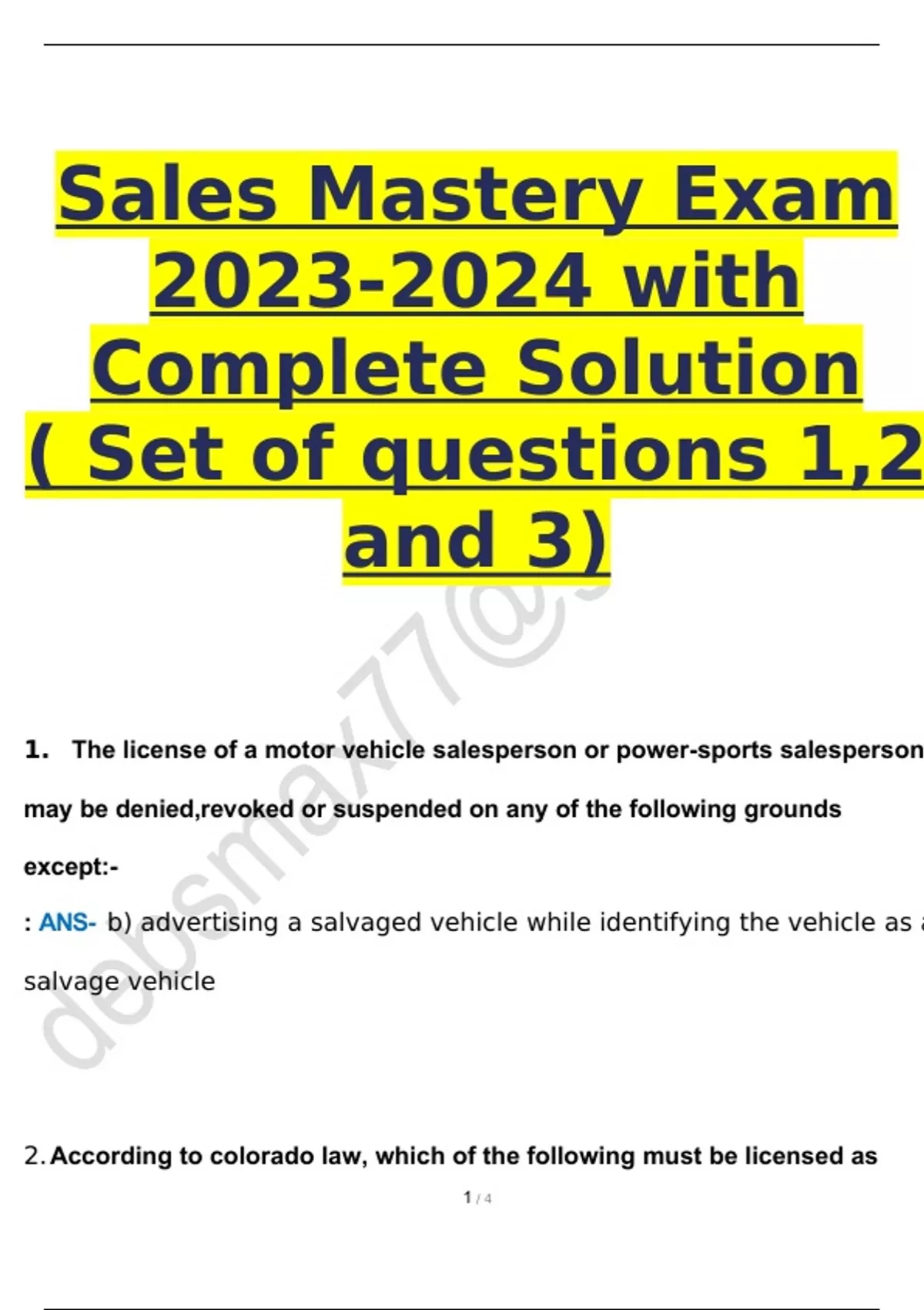Sales Mastery Exam with Complete Solution ( Set of questions 1,2 and 3 ...