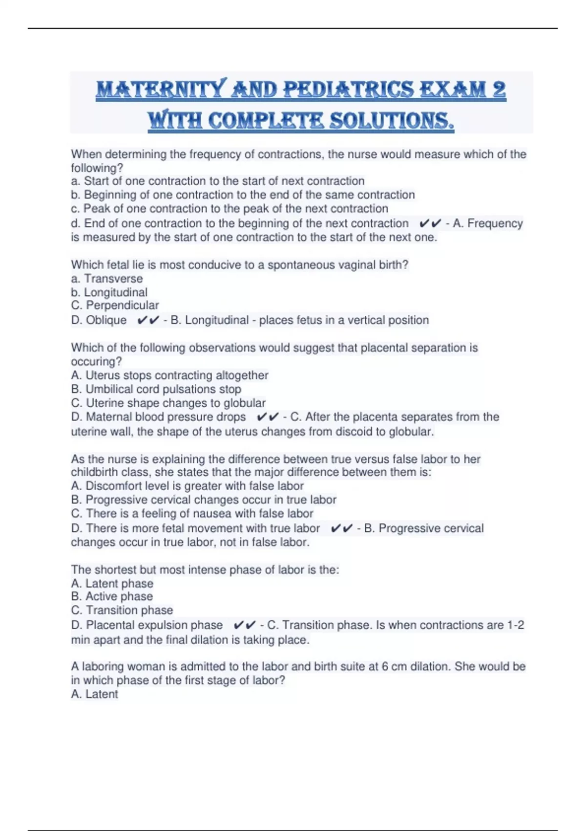 Maternity and Pediatrics Exam 2 With Complete Solutions. - Maternity ...