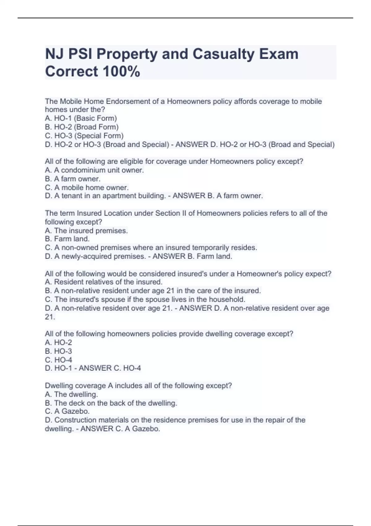 NJ PSI Property and Casualty Exam Correct 100%COMPLETE PACKAGE DEAL ...