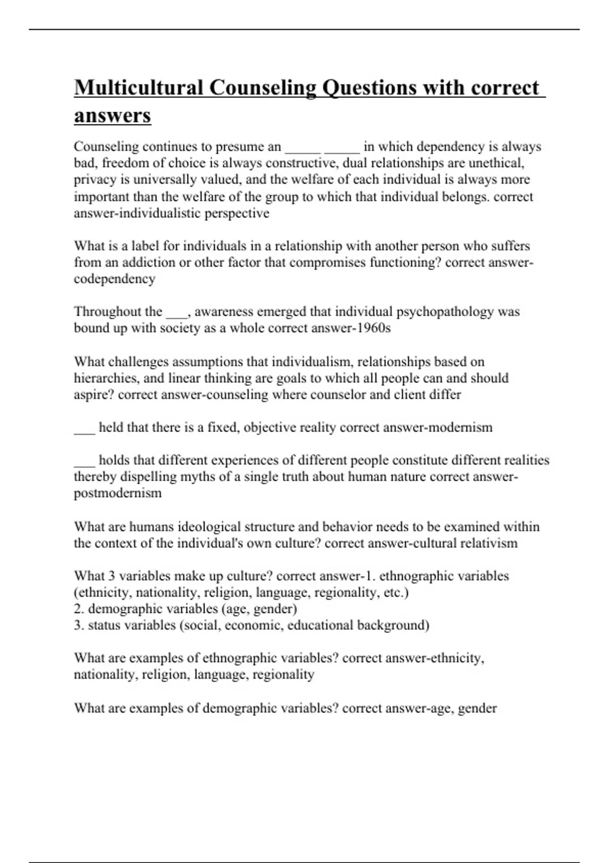 Multicultural Counseling Questions with correct answers - Multicultural ...