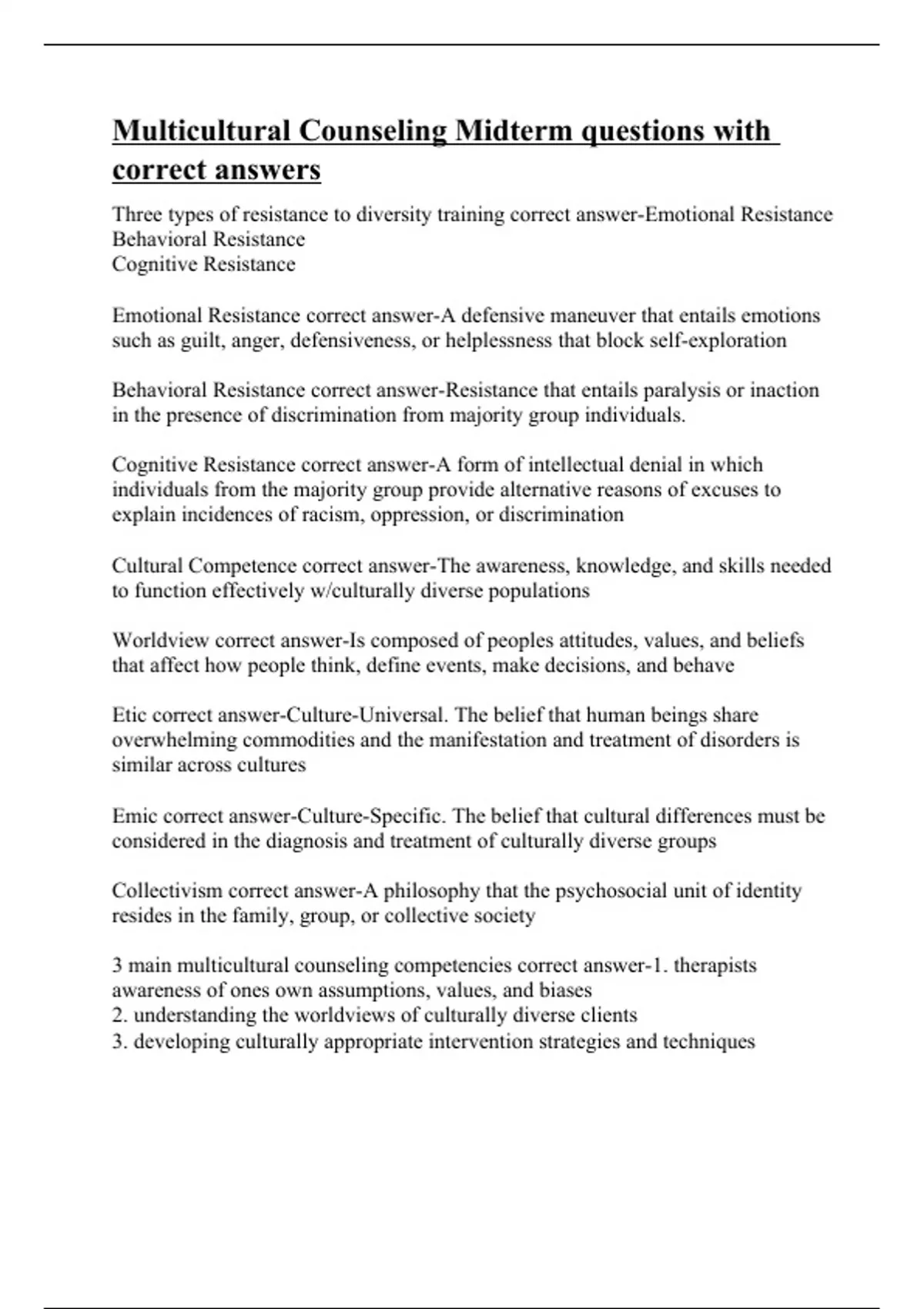 Multicultural Counseling Midterm questions with correct answers ...