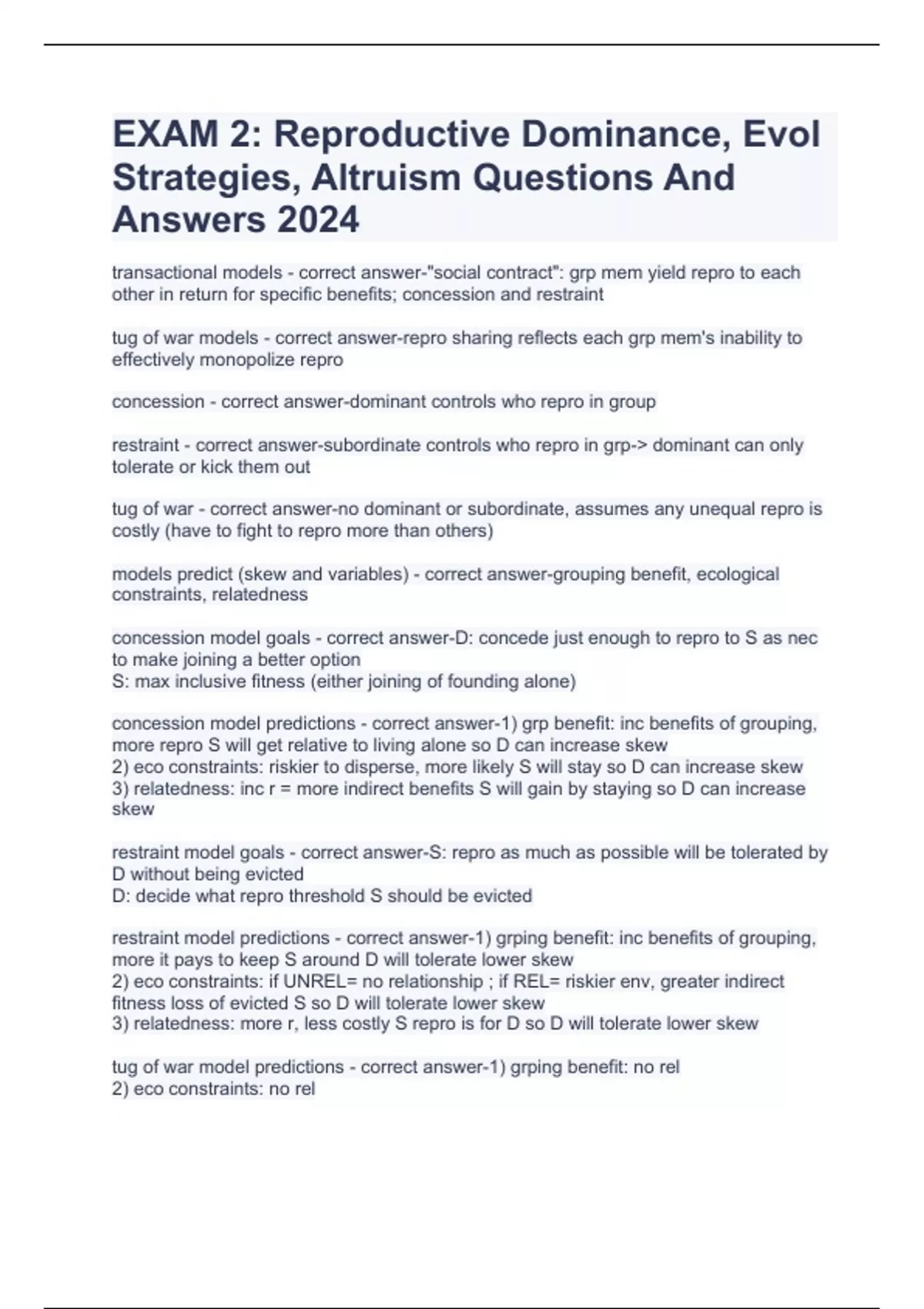 EXAM 2: Reproductive Dominance, Evol Strategies, Altruism Questions And ...