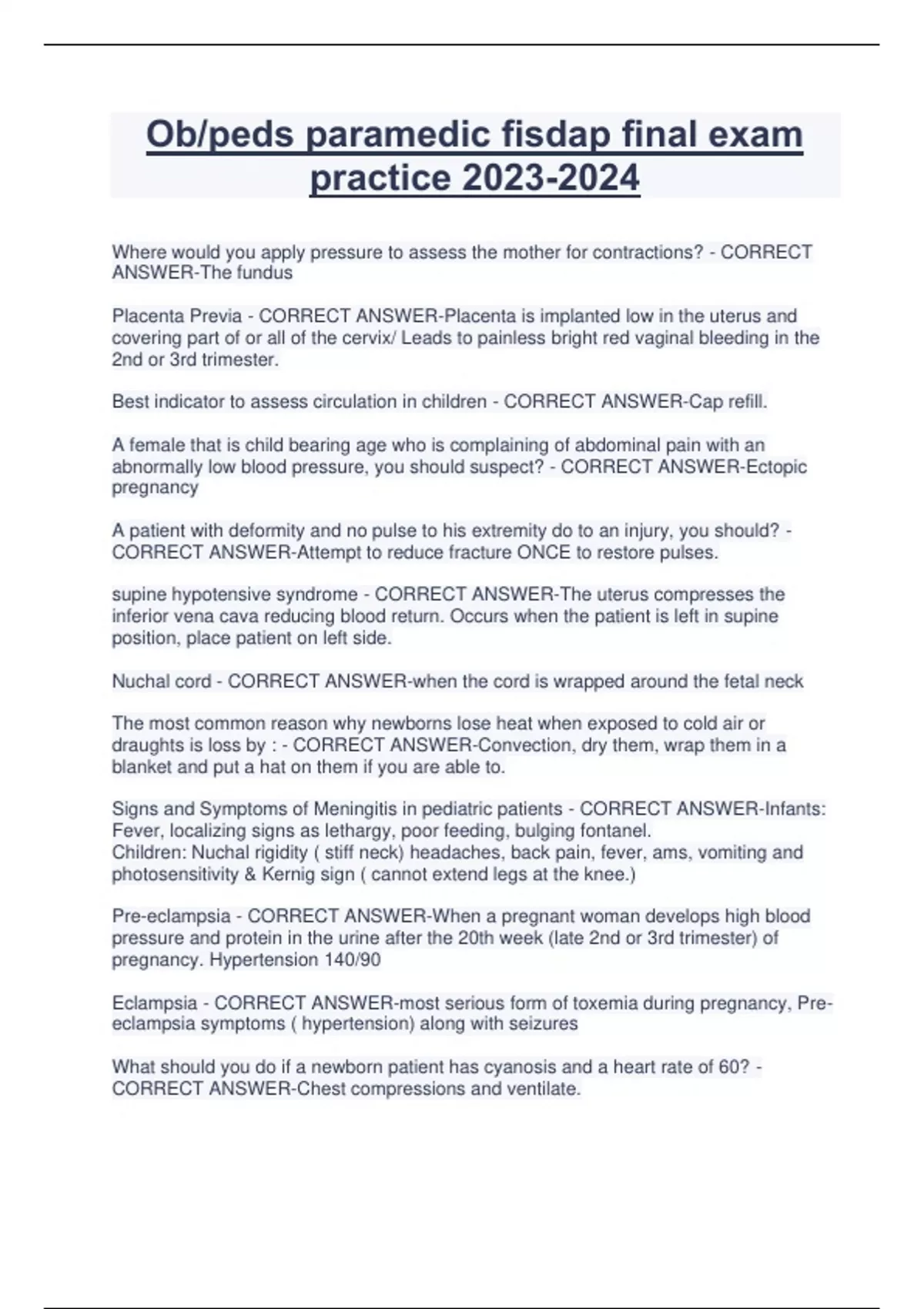 Ob/peds paramedic fisdap final exam practice - Ob/peds paramedic fisdap ...