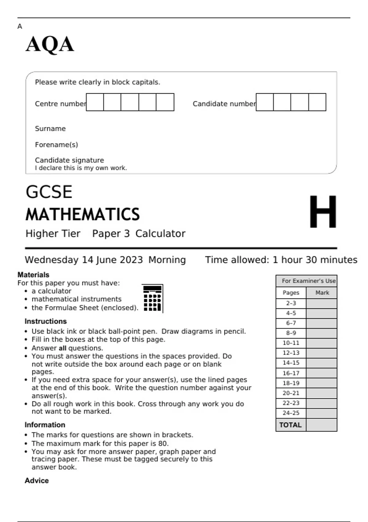 AQA GCSE MATHEMATICS Higher Tier Paper 3 JUNE 2023 QUESTION PAPER ...