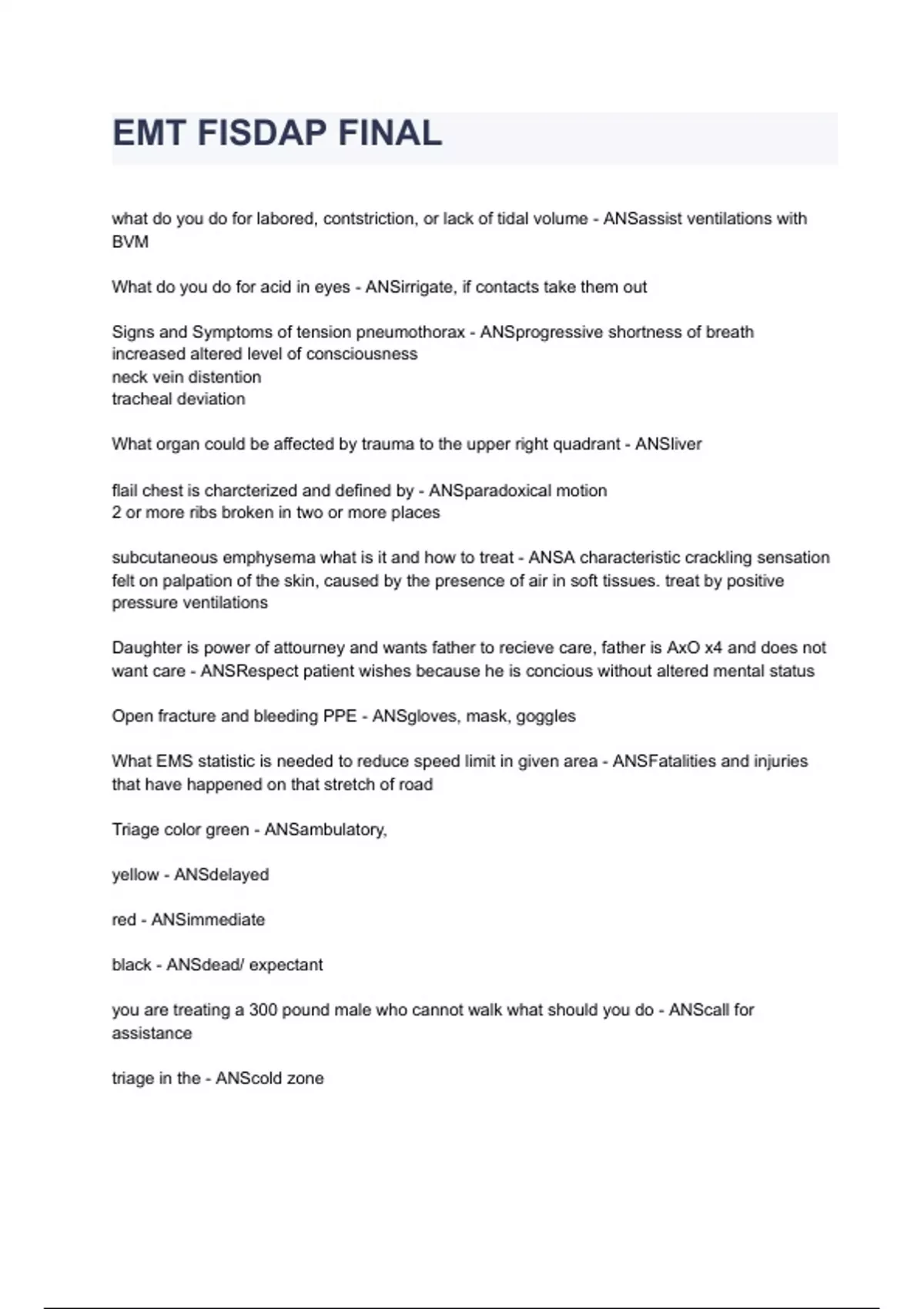 EMT FISDAP FINAL EXAM Questions and Answers 2024/2025(A GRADED 100% ...