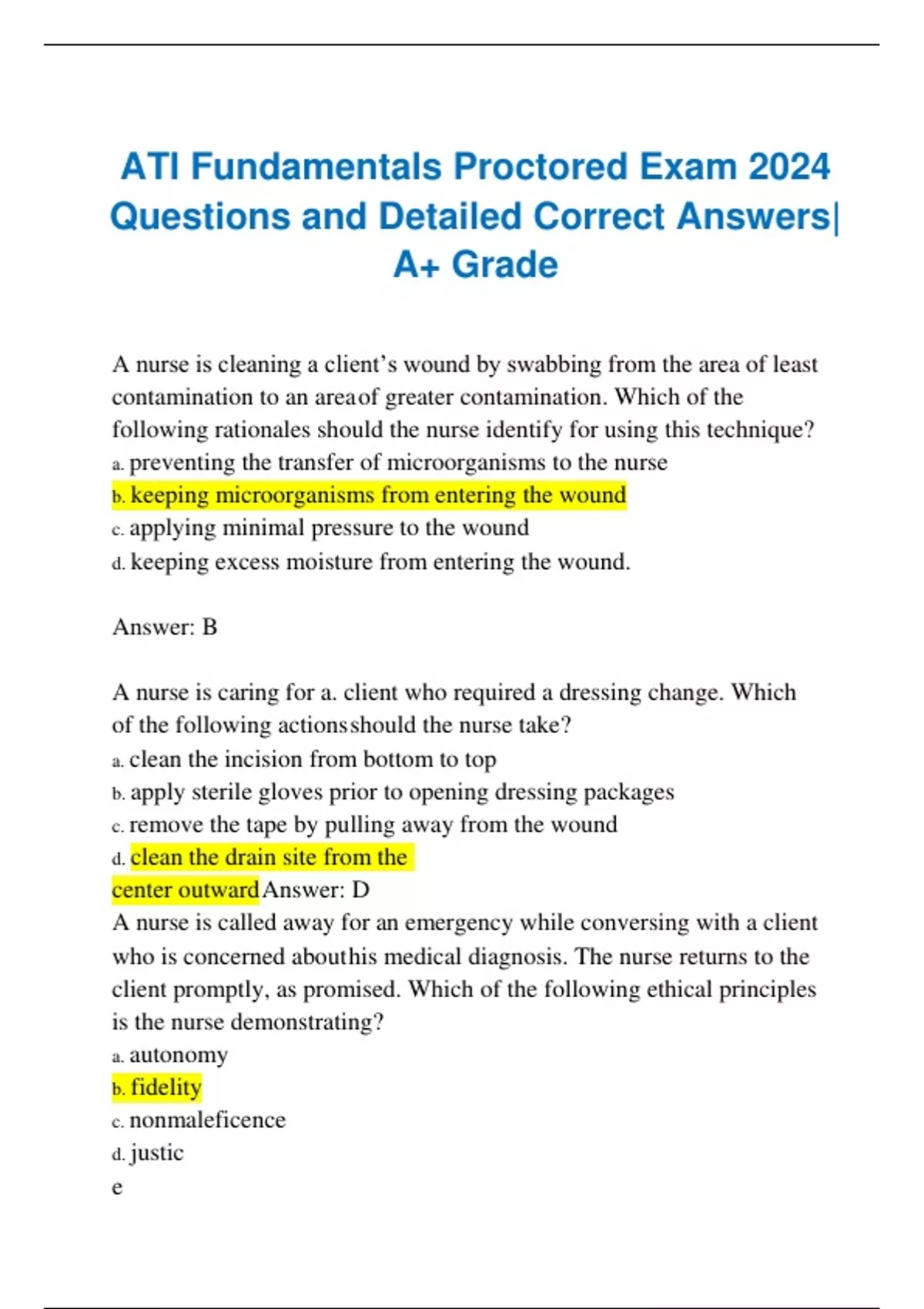 ati fundamentals proctored exam 2024 questions and detailed correct ...