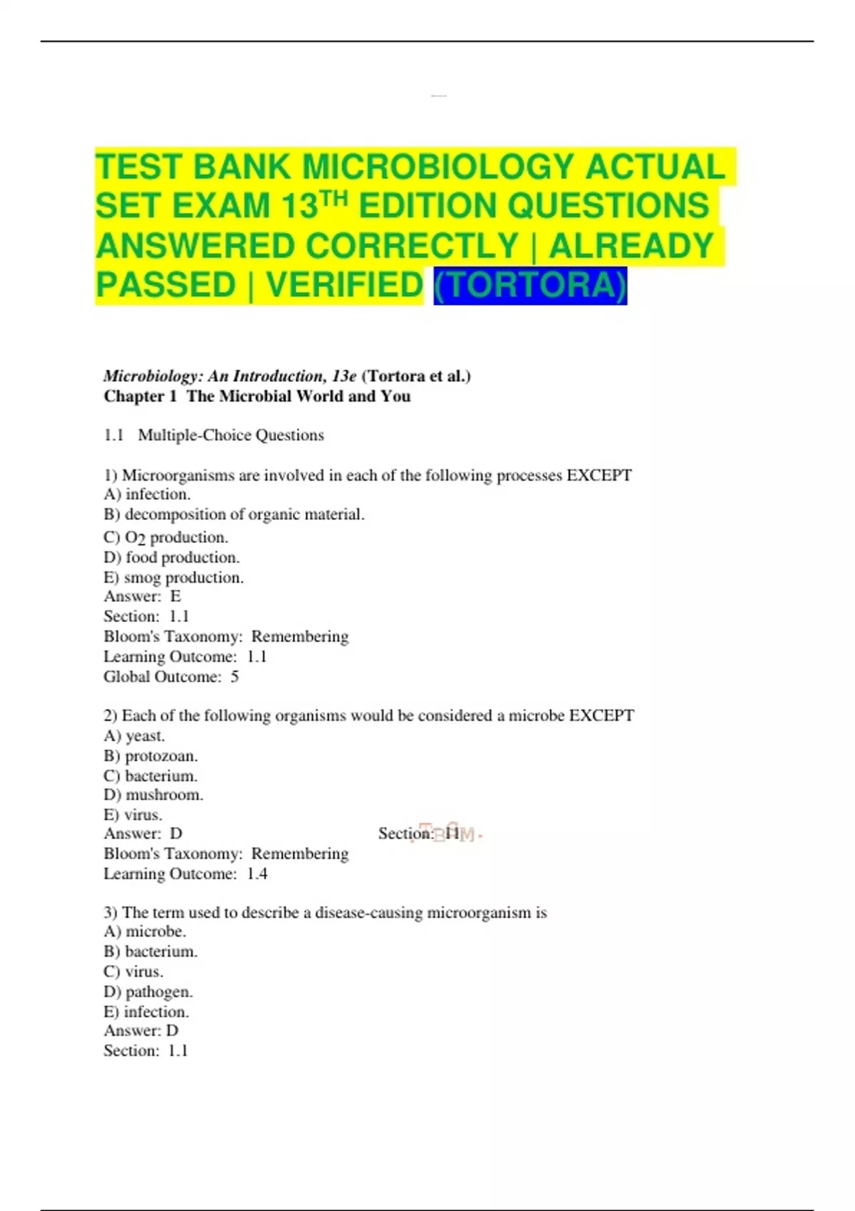 TEST BANK MICROBIOLOGY ACTUAL SET EXAM 13TH EDITION QUESTIONS ANSWERED ...