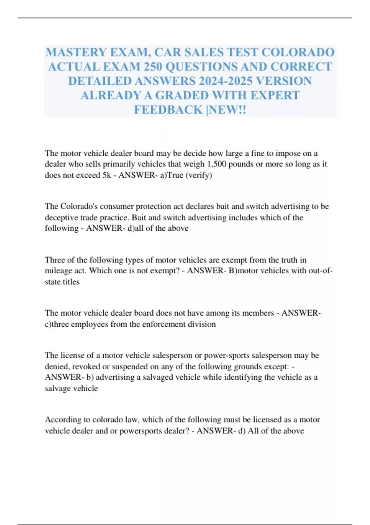 MASTERY EXAM, CAR SALES TEST COLORADO ACTUAL EXAM 250 QUESTIONS AND ...