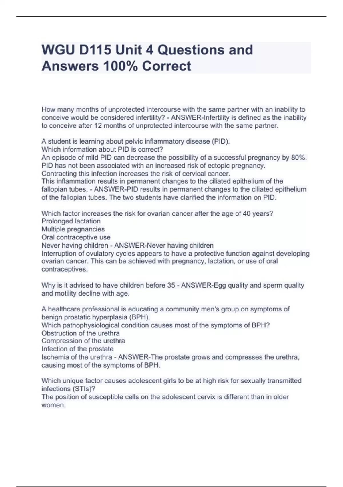 WGU D115 Unit 4 Questions and Answers 100% Correct - WGU D115 - Stuvia US