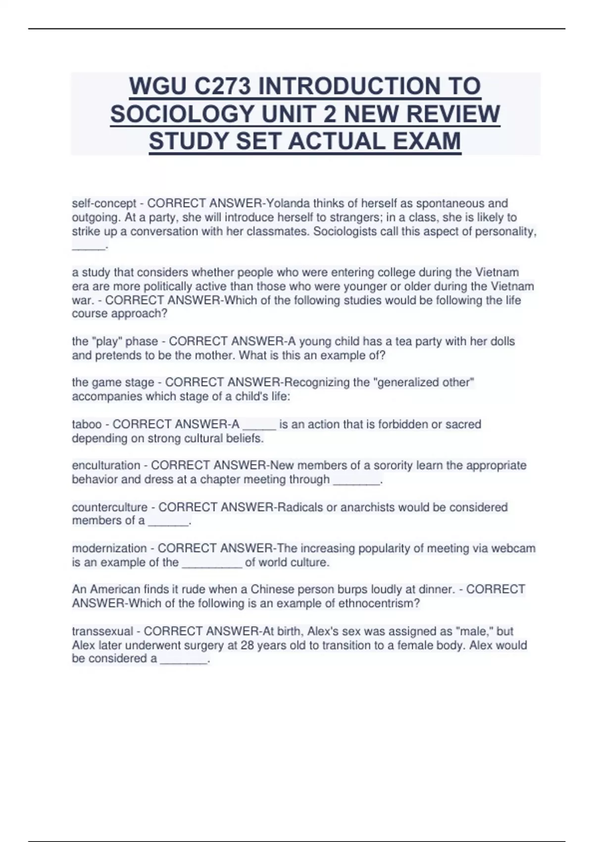 WGU C273 INTRODUCTION TO SOCIOLOGY UNIT 2 NEW REVIEW STUDY SET ACTUAL ...