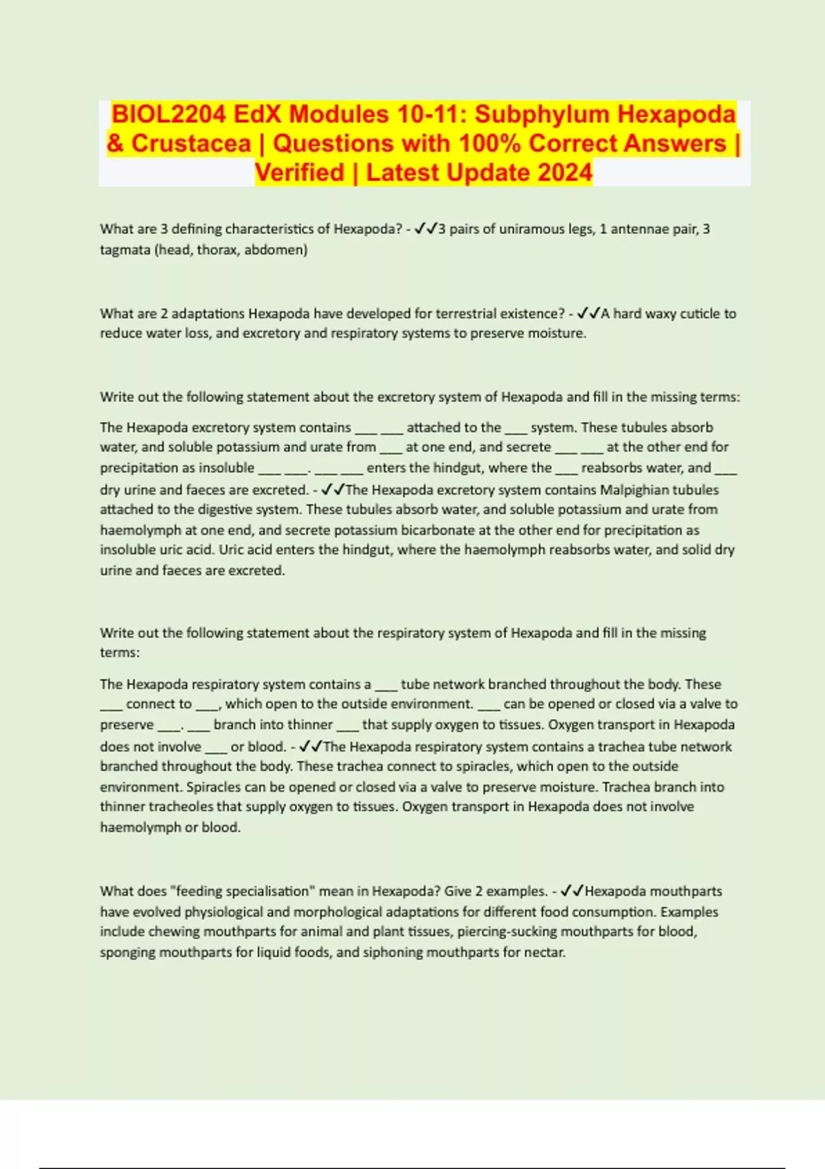 BIOL2204 EdX Modules 10-11: Subphylum Hexapoda & Crustacea | Questions ...