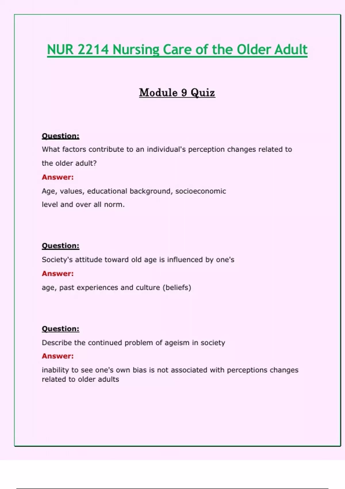 NUR2214 / NUR 2214 Module 9 Quiz (Latest 2024 / 2025): Nursing Care of ...