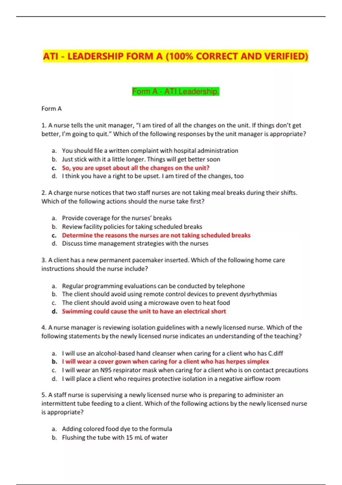 ATI - LEADERSHIP FORM A (100% CORRECT AND VERIFIED - ATI - LEADERSHIP ...