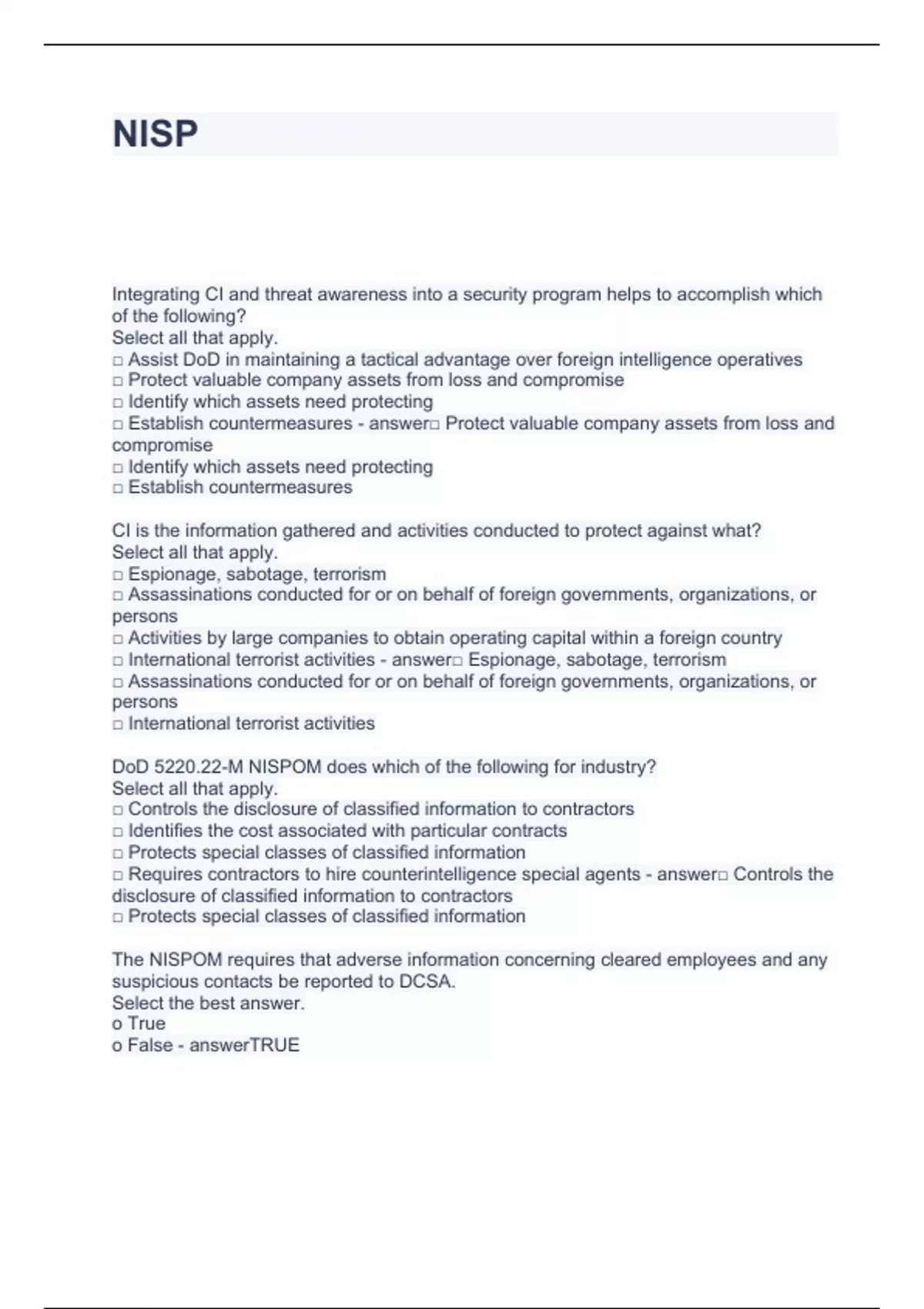 NISP QUESTIONS WITH SOLUTIONS 2024 - NISP - Stuvia US