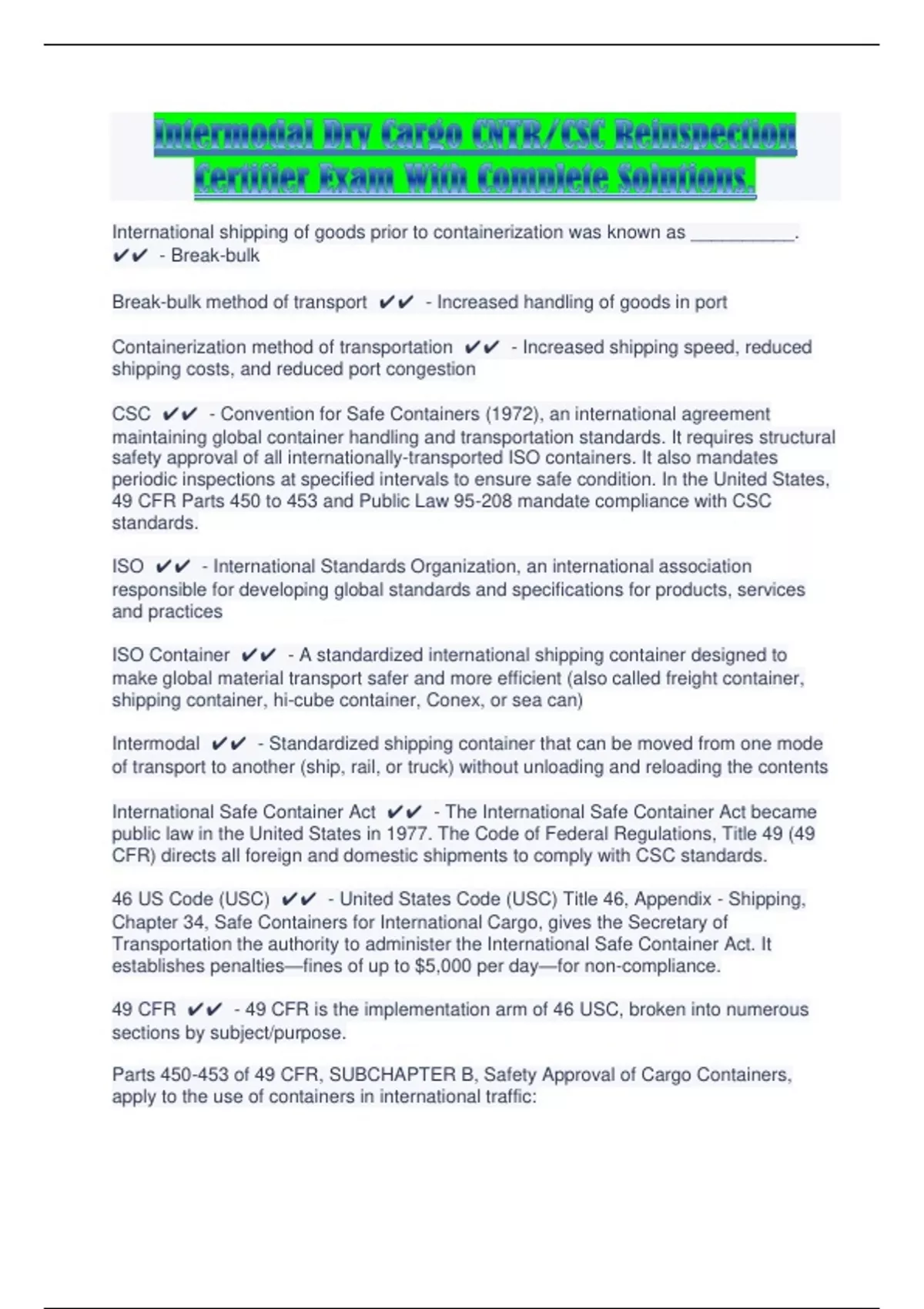 Intermodal Dry Cargo CNTR/CSC Reinspection Certifier Exam With Complete ...