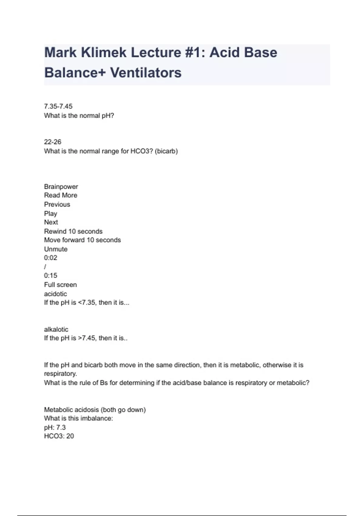 Mark Klimek Lecture #1: Acid Base Balance+ Ventilators 2024/2025 ...