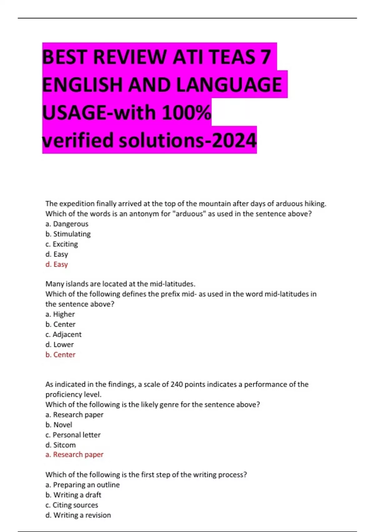 BEST REVIEW ATI TEAS 7 ENGLISH AND LANGUAGE USAGE-with 100% verified solutions-2024 - ATI TEAS 7 ...