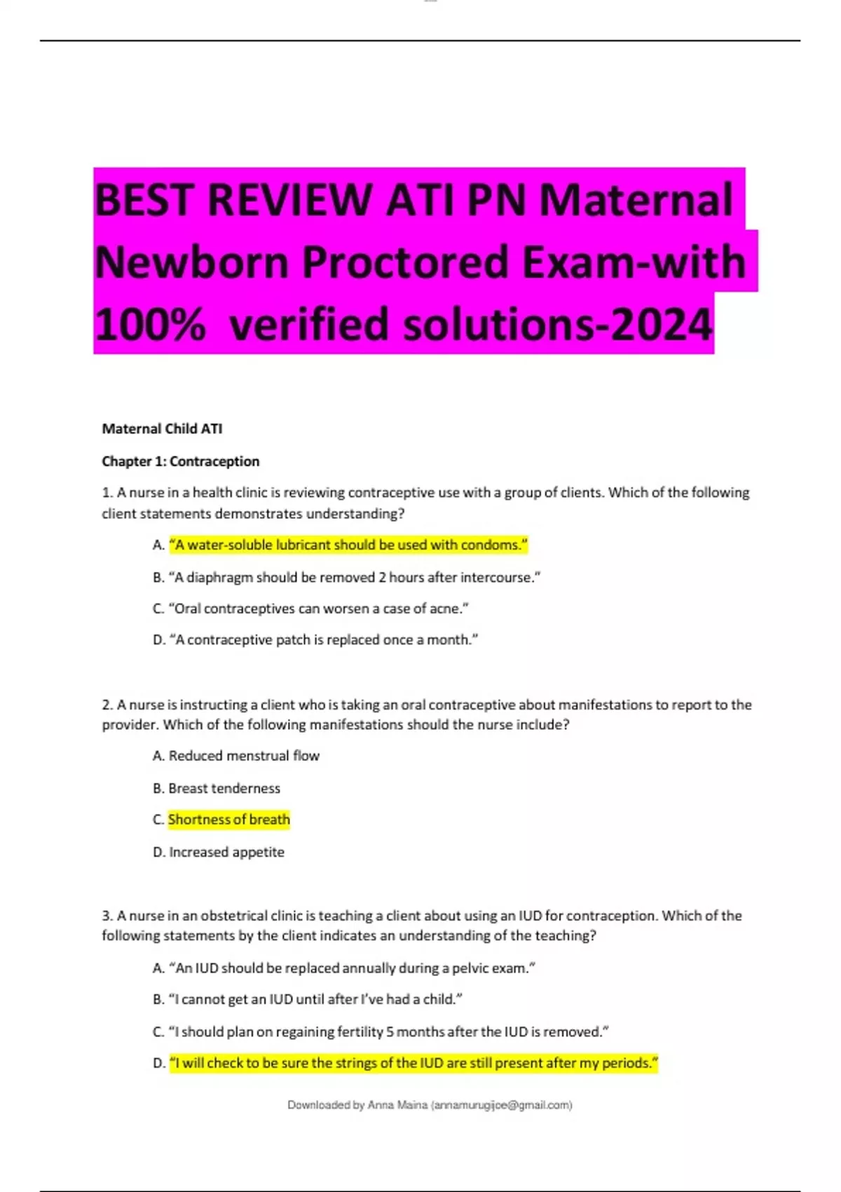 BEST REVIEW ATI PN Maternal Newborn Proctored Exam-with 100% verified ...