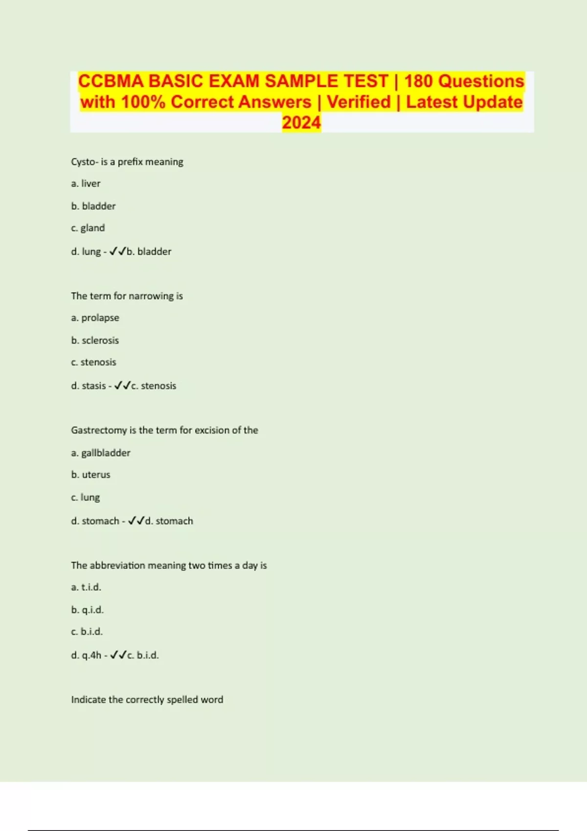 CCBMA BASIC EXAM SAMPLE TEST | 180 Questions with 100% Correct Answers ...