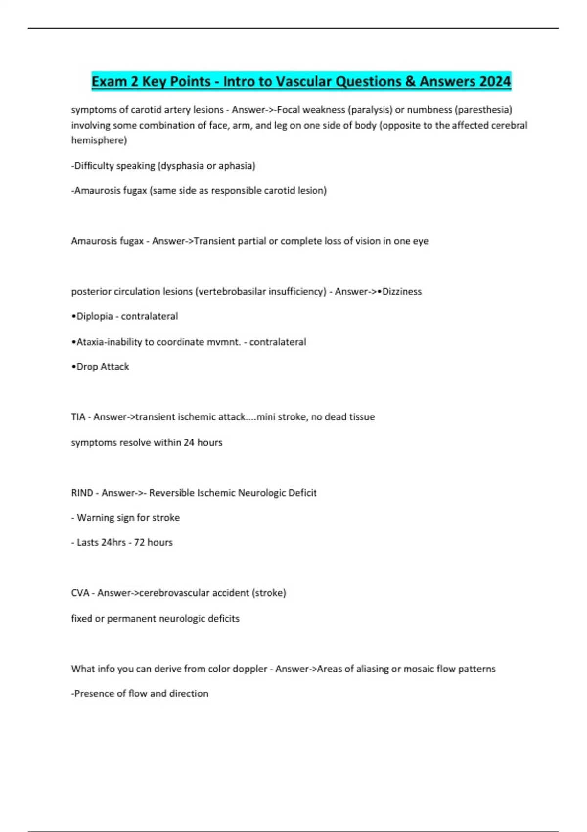 Exam 2 Key Points - Intro to Vascular Questions & Answers 2024 - Exa 2 ...