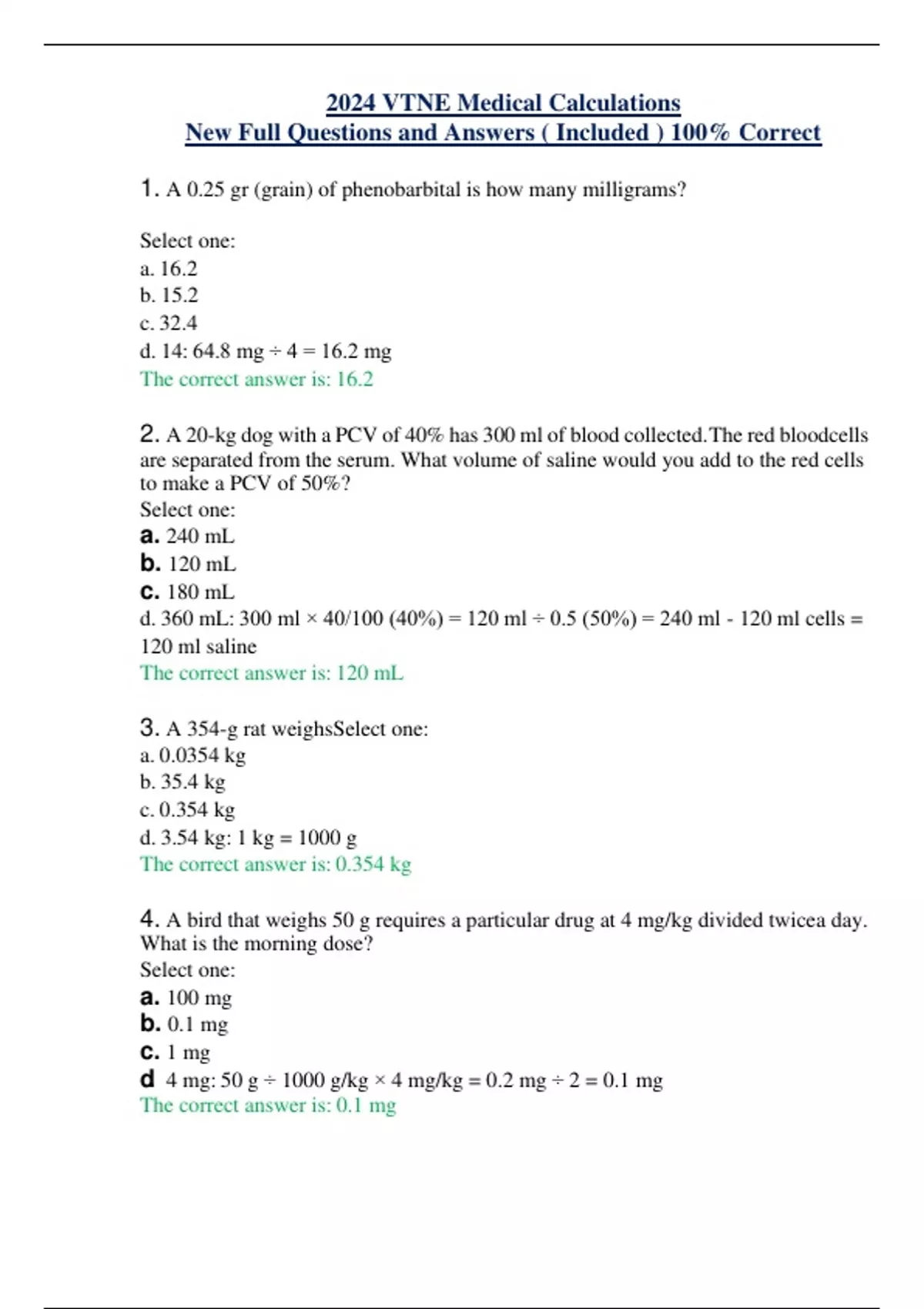2024 VTNE Medical Calculations New Full Questions and Answers ...