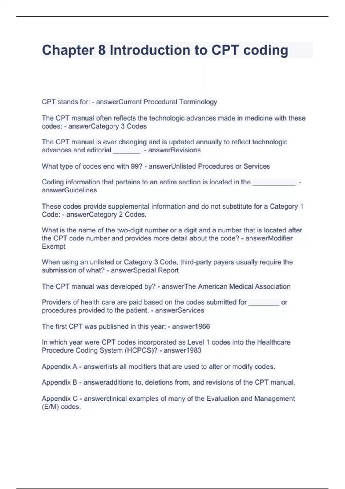Chapter 8 Introduction to CPT coding Questions with solutions 2024 ...