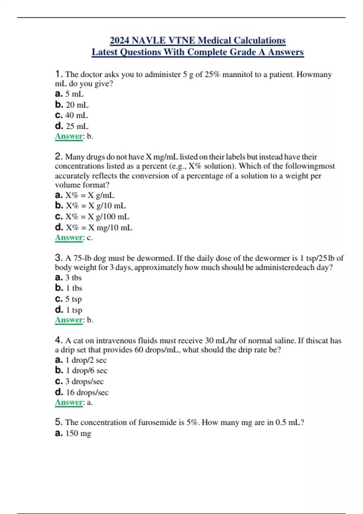 2024 NAVLE VTNE Medical Calculations Latest Questions With Complete ...
