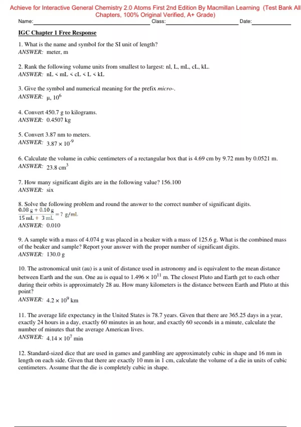 Test Bank For Achieve for Interactive General Chemistry 2.0 Atoms First ...