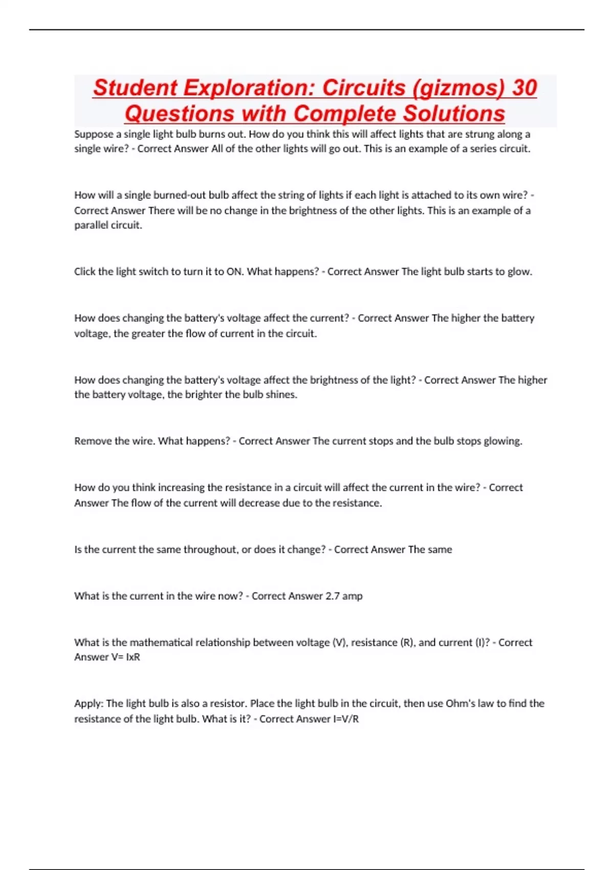 Student Exploration: Circuits (gizmos) 30 Questions with Complete ...