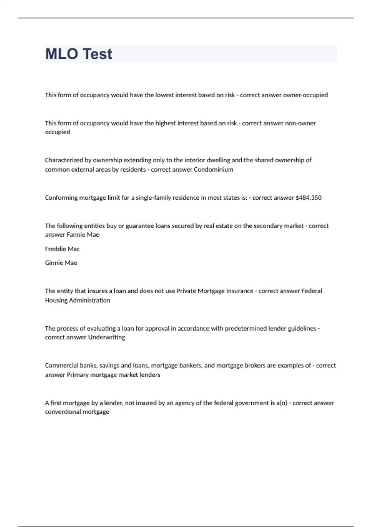 MLO Test Question and answers already passed 2023/2024 - Safe MLO ...