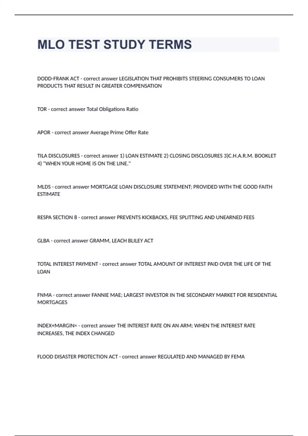 MLO TEST STUDY TERMS Question and answers 2023/2024 verified to pass ...