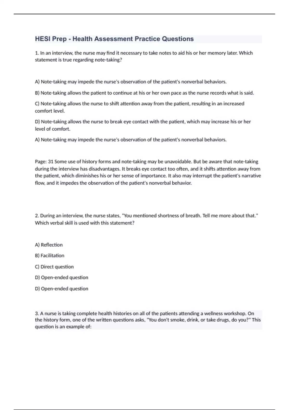 HESI Prep - Health Assessment Practice Questions with complete answers ...