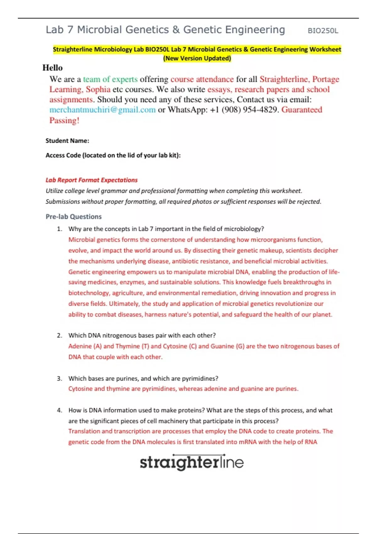 Straighterline Microbiology Lab BIO250L Lab 7 Microbial Genetics ...
