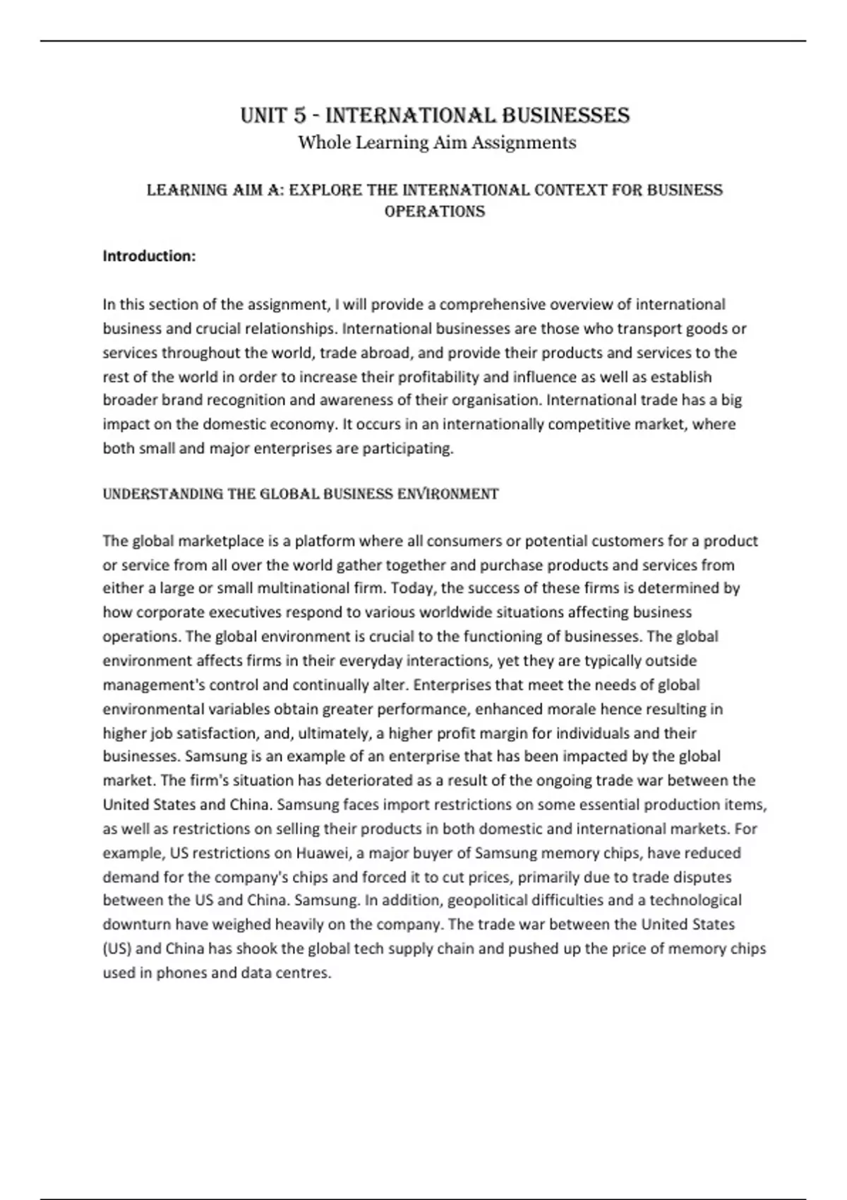 New Unit 5 International Business Whole Assignment Distinction Graded Unit 5