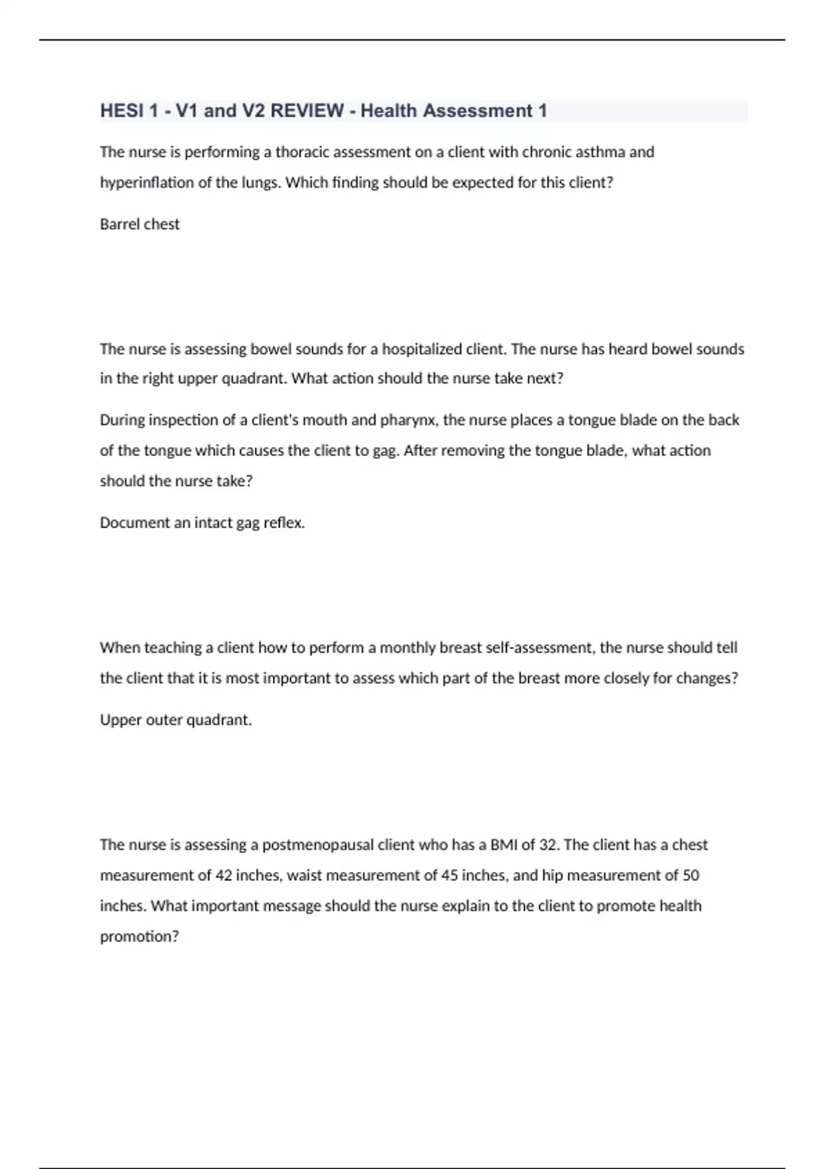 HESI 1 - V1 and V2 REVIEW - Health Assessment 1 with complete questions ...