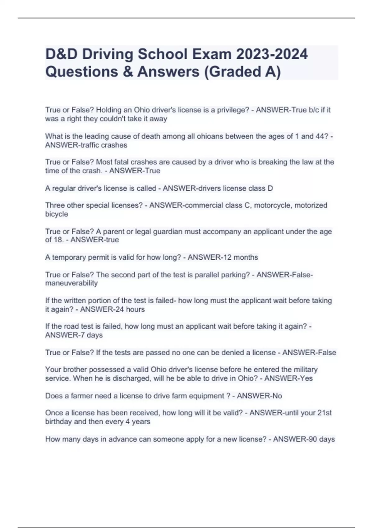 D&D Driving School Exam Questions & Answers (Graded A) - D&D Driving ...