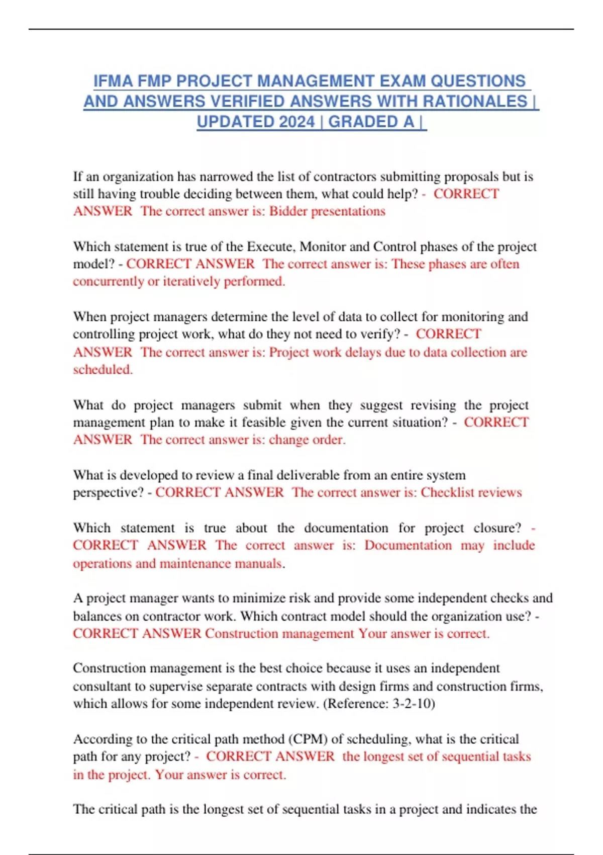 IFMA FMP PROJECT MANAGEMENT EXAM QUESTIONS AND ANSWERS VERIFIED ANSWERS WITH RATIONALES ...