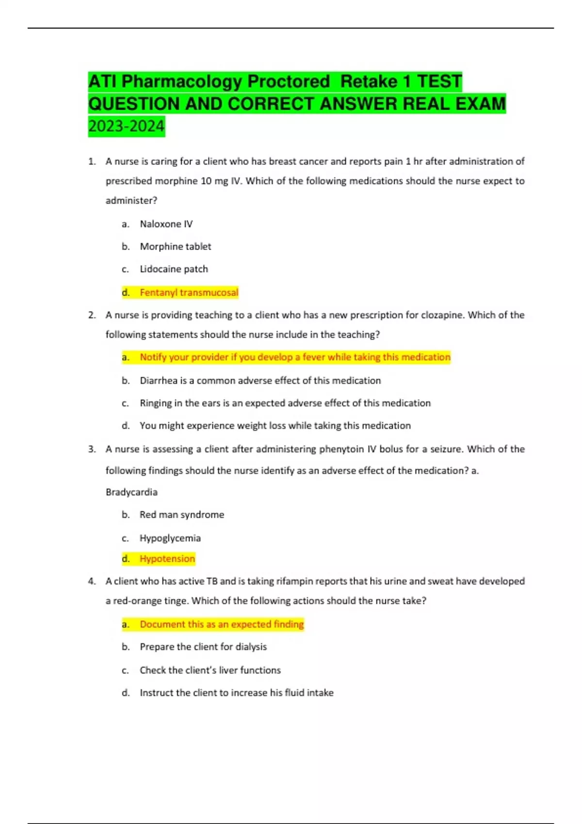 ATI Pharmacology Proctored Retake 1 TEST QUESTION AND CORRECT ANSWER ...