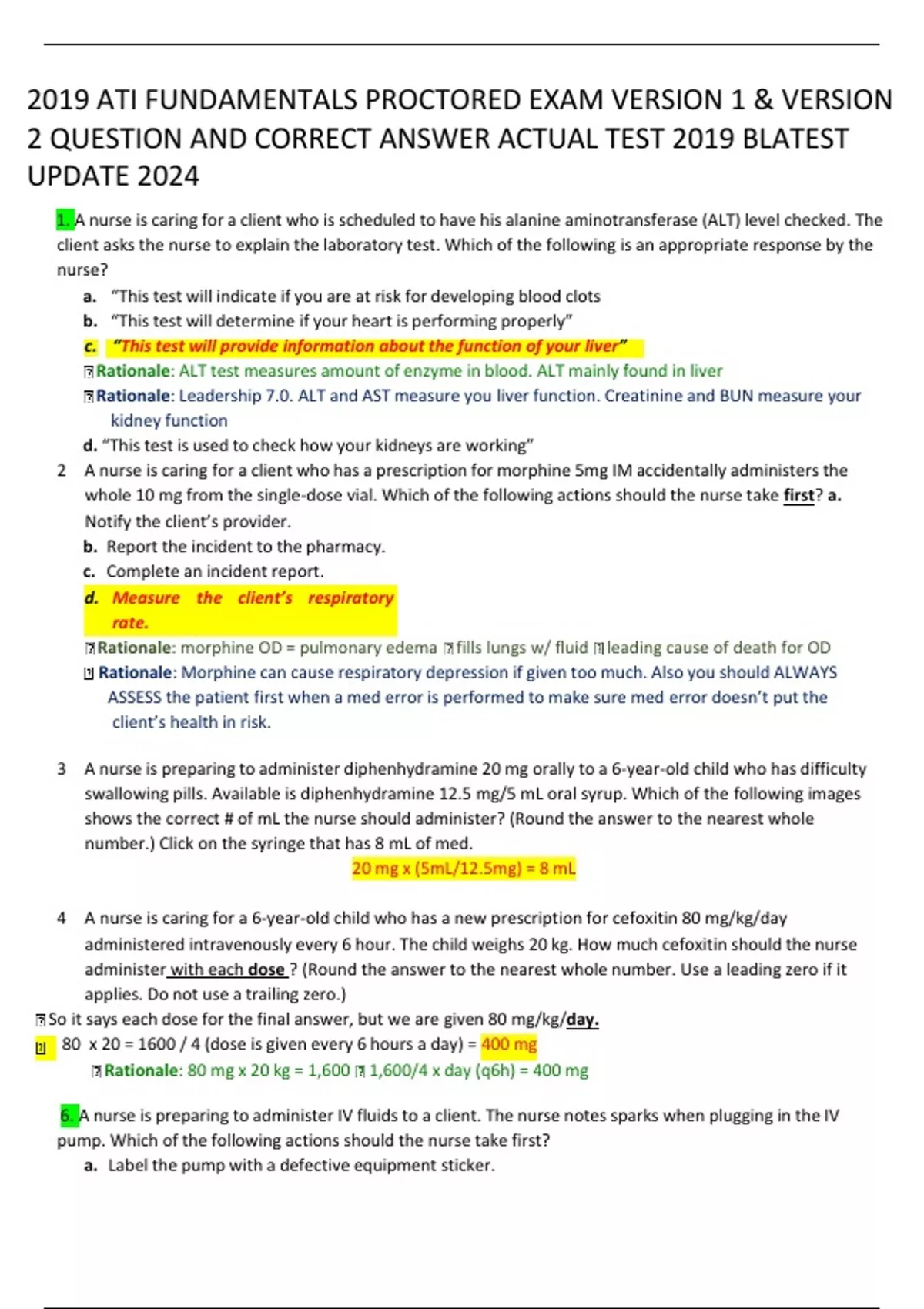 2019 ATI FUNDAMENTALS PROCTORED EXAM VERSION 1 & VERSION 2 QUESTION AND ...
