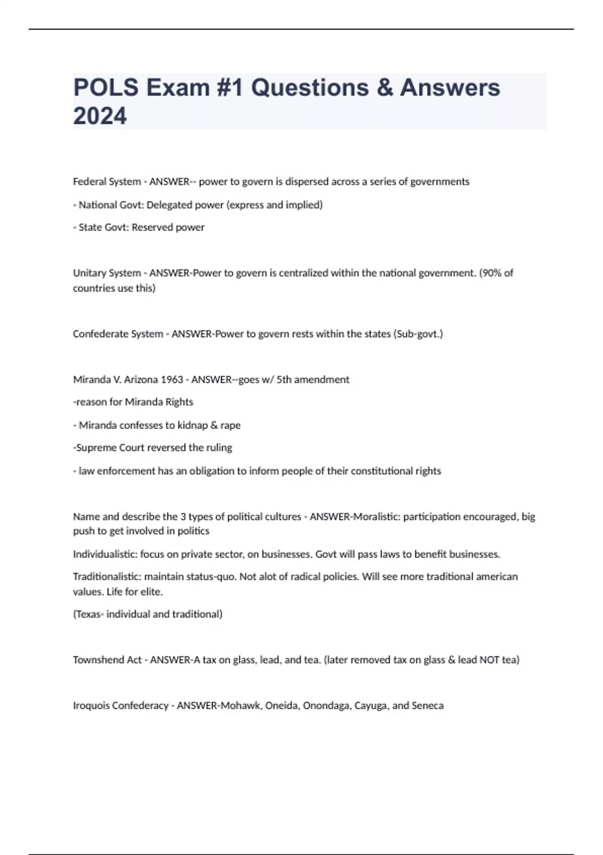 POLS Exam #1 Questions & Answers 2024 - POLS - Stuvia US