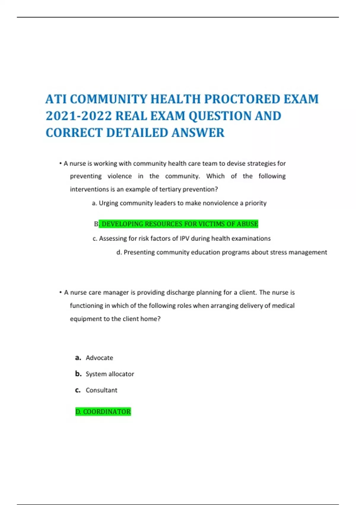 ATI COMMUNITY HEALTH PROCTORED EXAM REAL EXAM QUESTION AND CORRECT ...