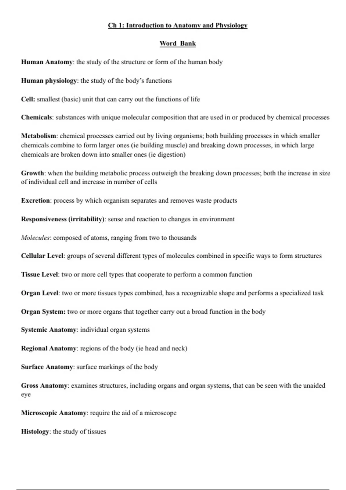 Summary Human Anatomy and Physiology Chapter 1: Introduction to A&P ...
