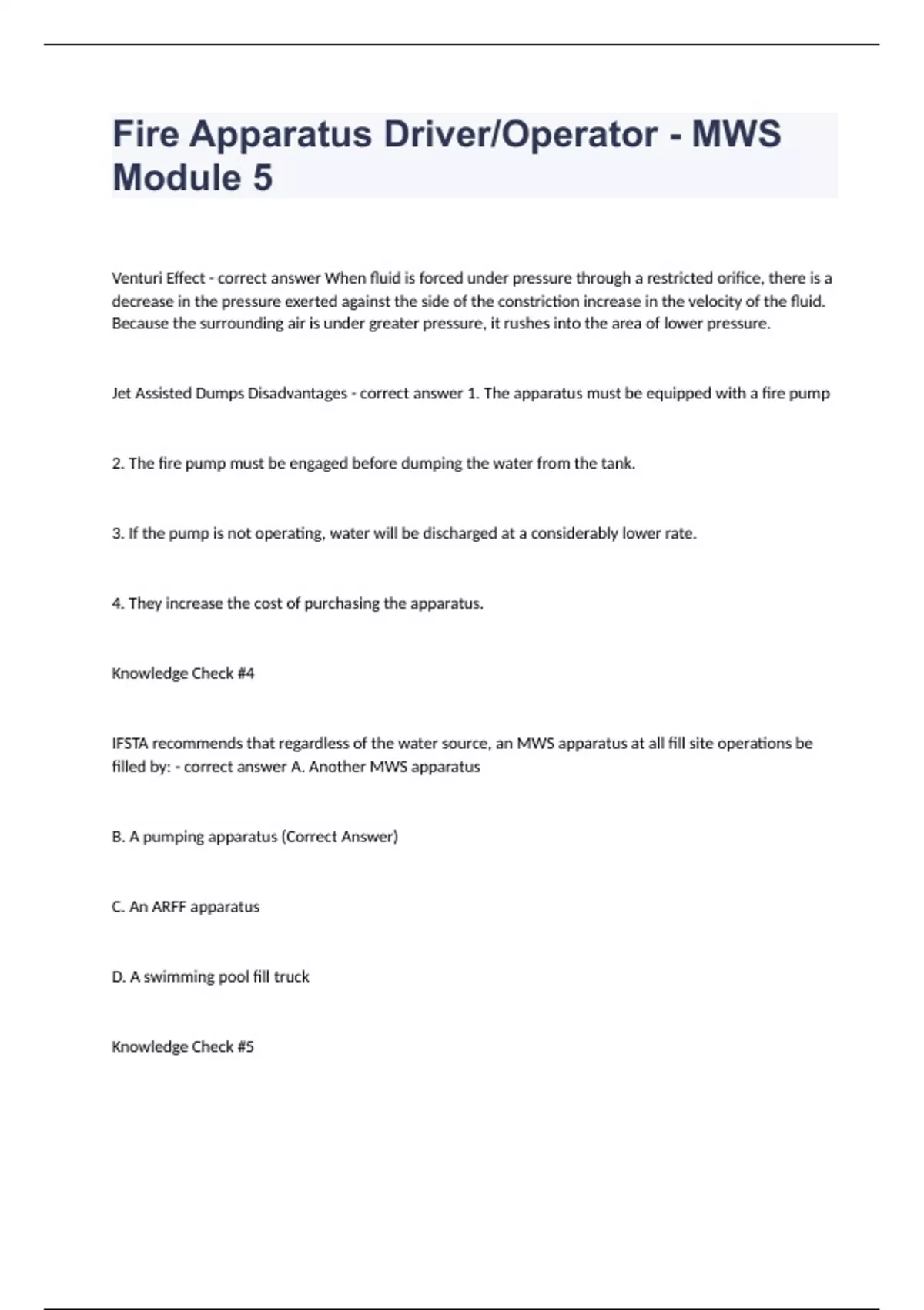 Fire Apparatus Driver Operator - MWS Module 5 Question and answers ...